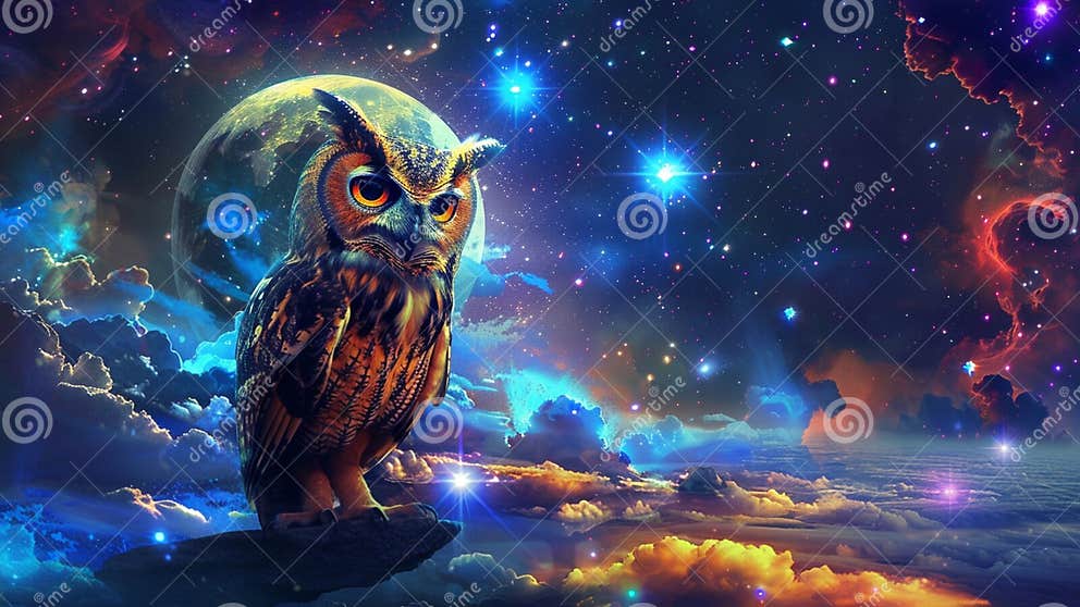 Cute Cosmic Owl in a Beautiful Dreamlike Starry Nebula Background with ...