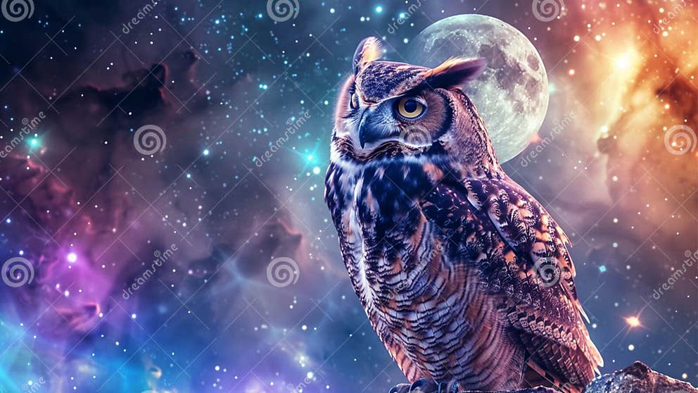 Cute Cosmic Owl in a Beautiful Dreamlike Starry Nebula Background with ...