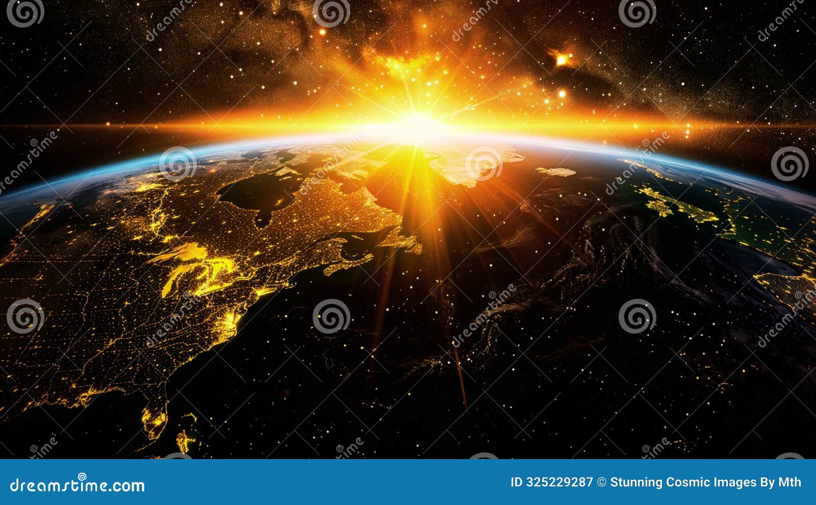 Golden Sunlight Hitting the Earth in a Starry Deep Space Background ...