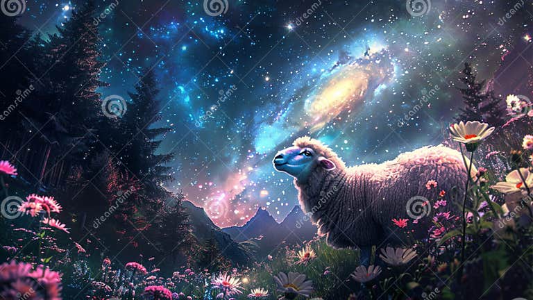 Cosmic Sheep in a Beautiful Magic Forest in a Dreamy Starry Cosmic ...