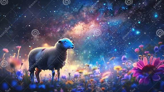 Cosmic Sheep in a Beautiful Magic Forest in a Dreamy Starry Cosmic ...