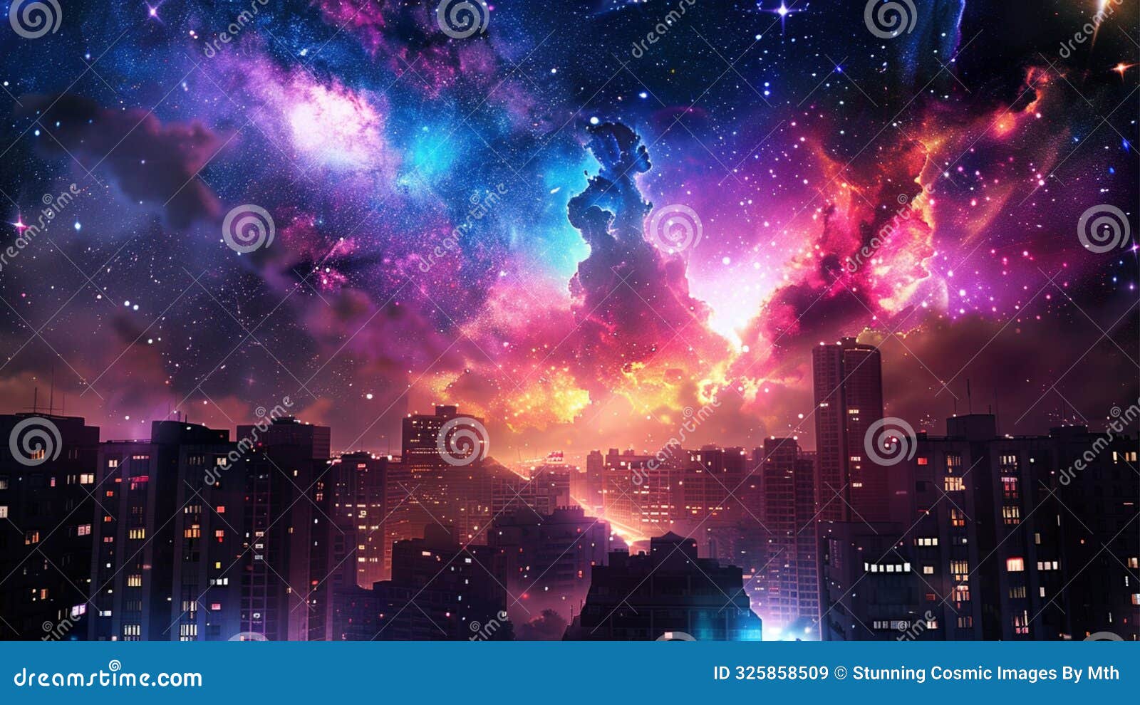 Starry Night Sky City with Modern Buildings and Skyscrapers Stock ...