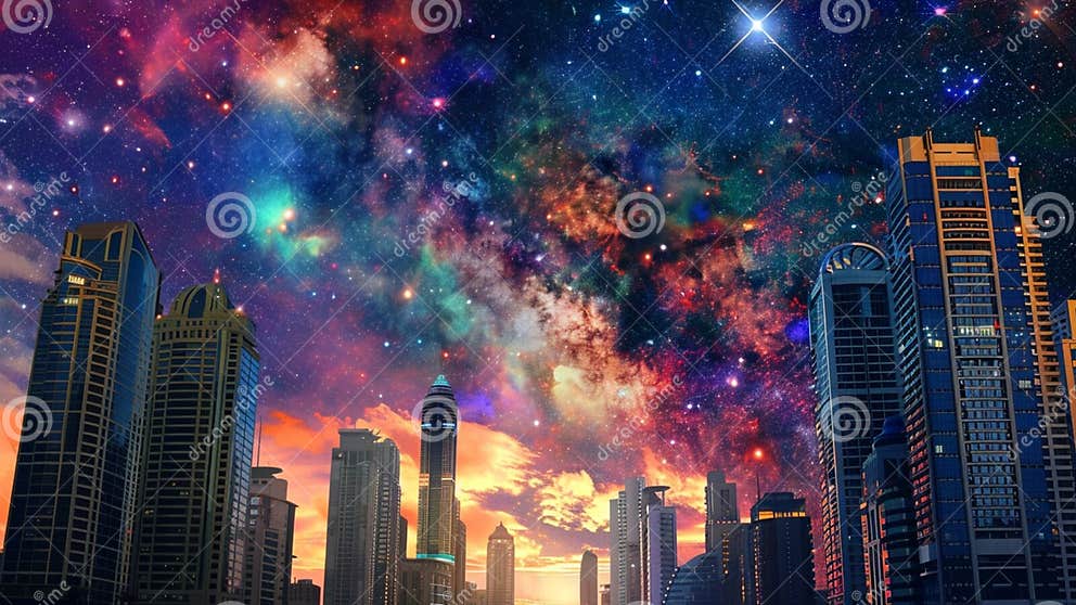 Starry Night Sky City with Modern Buildings and Skyscrapers Stock ...