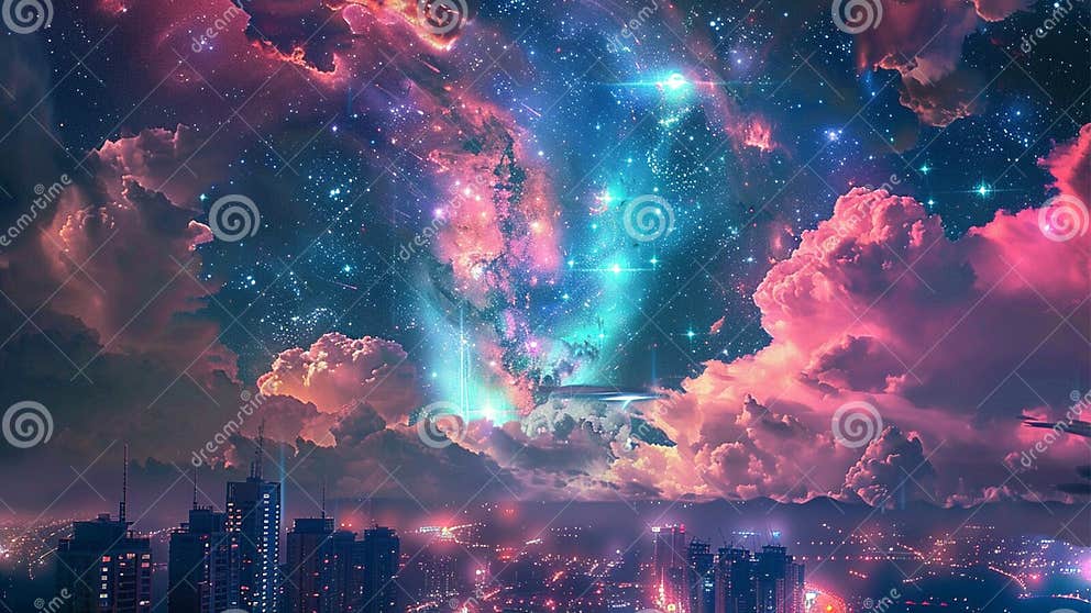 Starry Night Sky City with Modern Buildings and Skyscrapers Stock ...