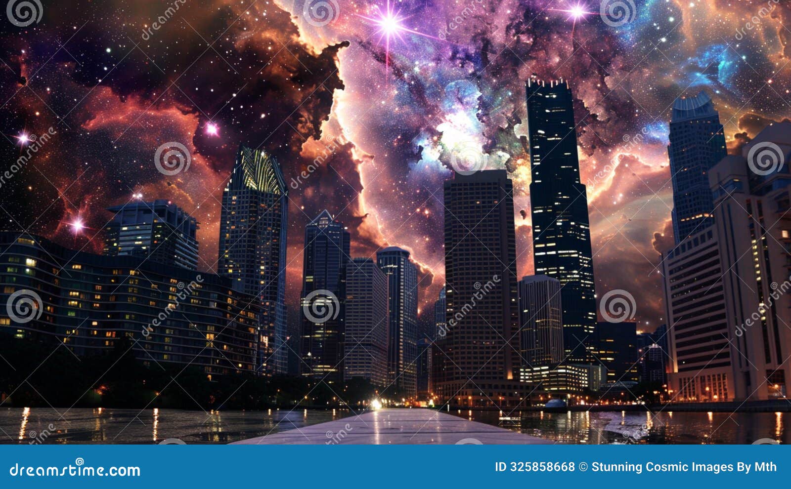 Starry Night Sky City with Modern Buildings and Skyscrapers Stock ...