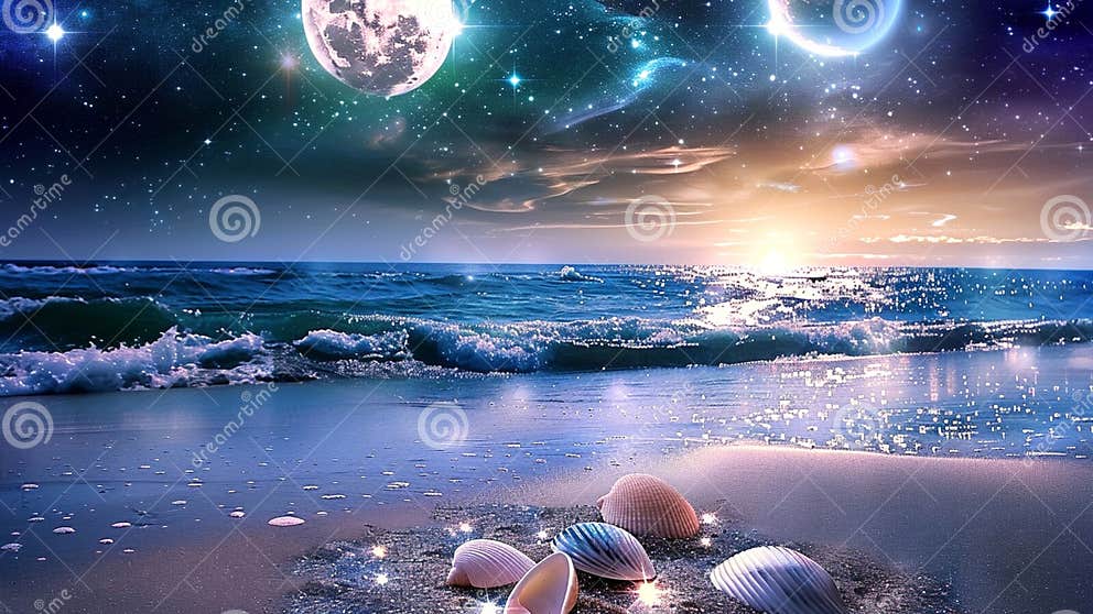 Gorgeous Fantasy Magical Beach with Shiny Seashells Under a Starry Sky ...