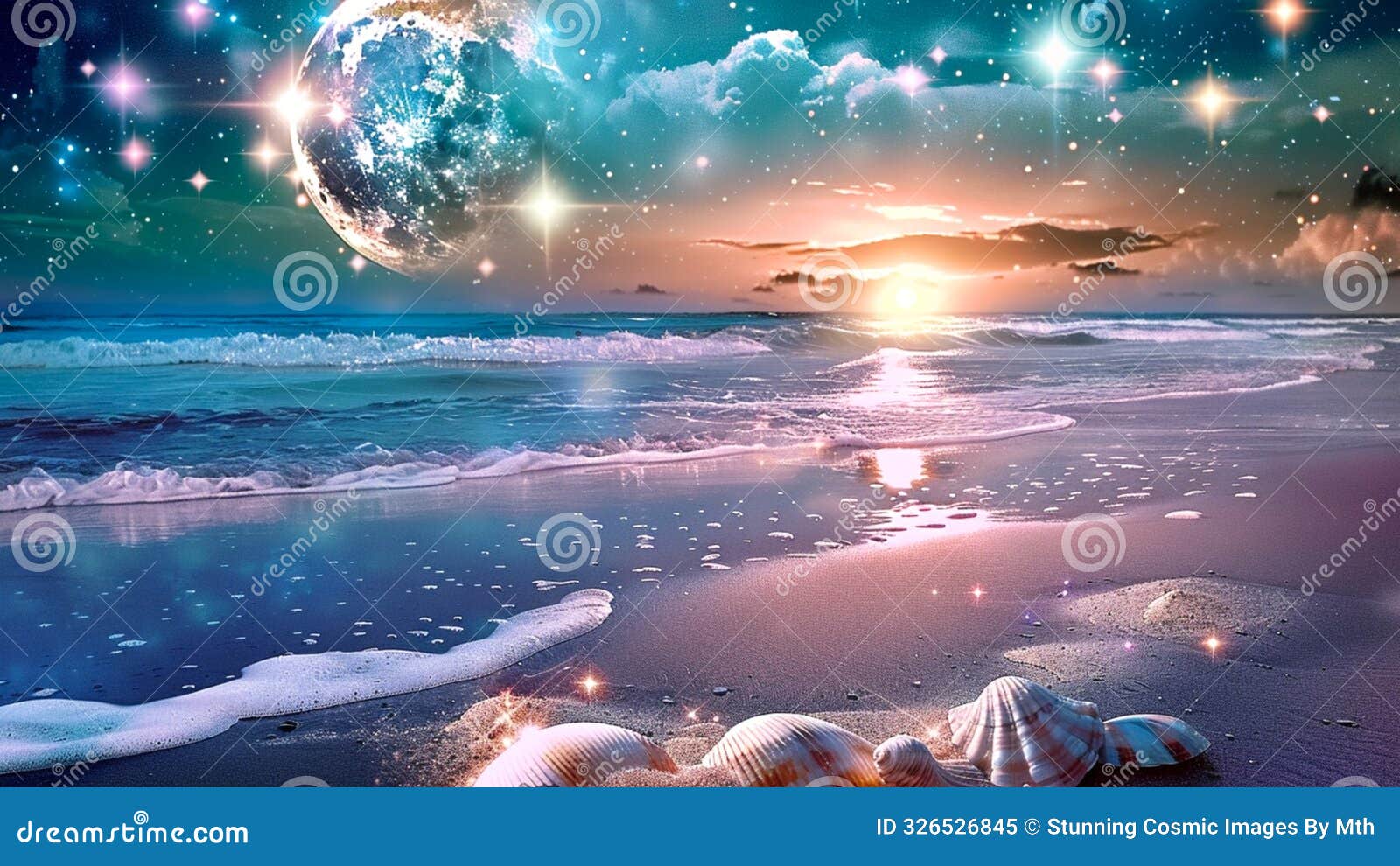 Gorgeous Fantasy Magical Beach with Shiny Seashells Under a Starry Sky ...