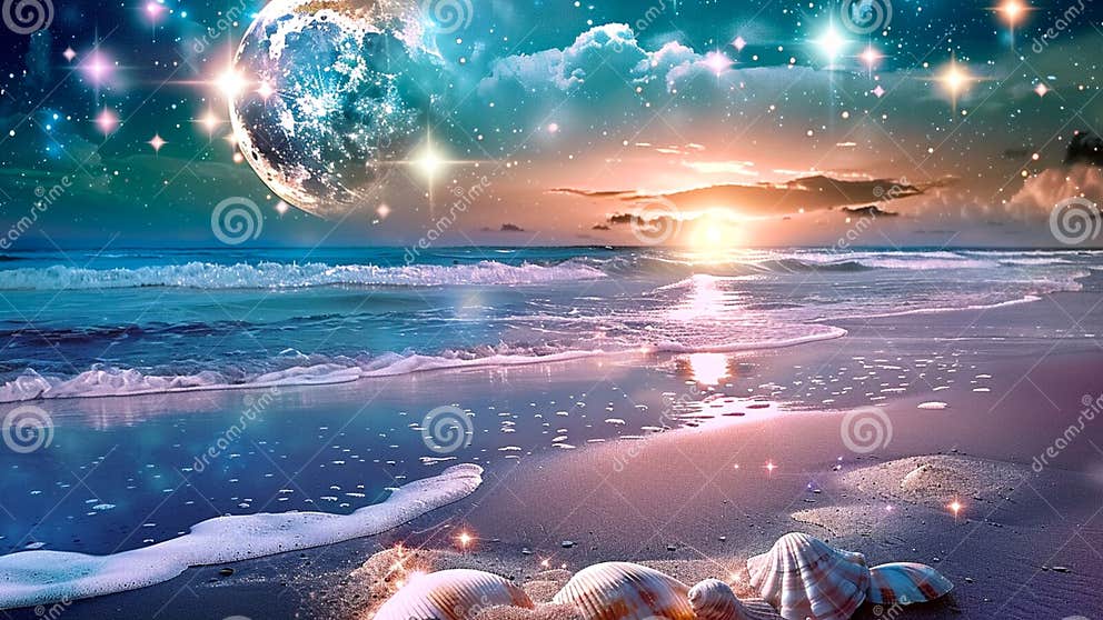 Gorgeous Fantasy Magical Beach with Shiny Seashells Under a Starry Sky ...
