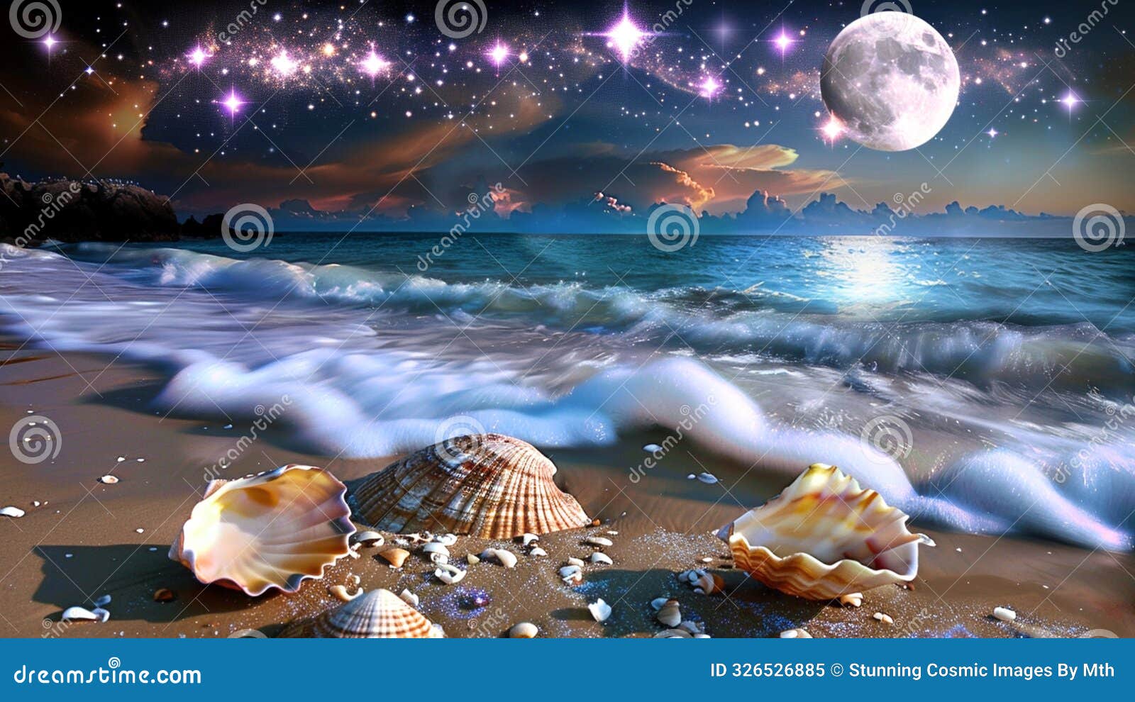 Gorgeous Fantasy Magical Beach with Shiny Seashells Under a Starry Sky ...