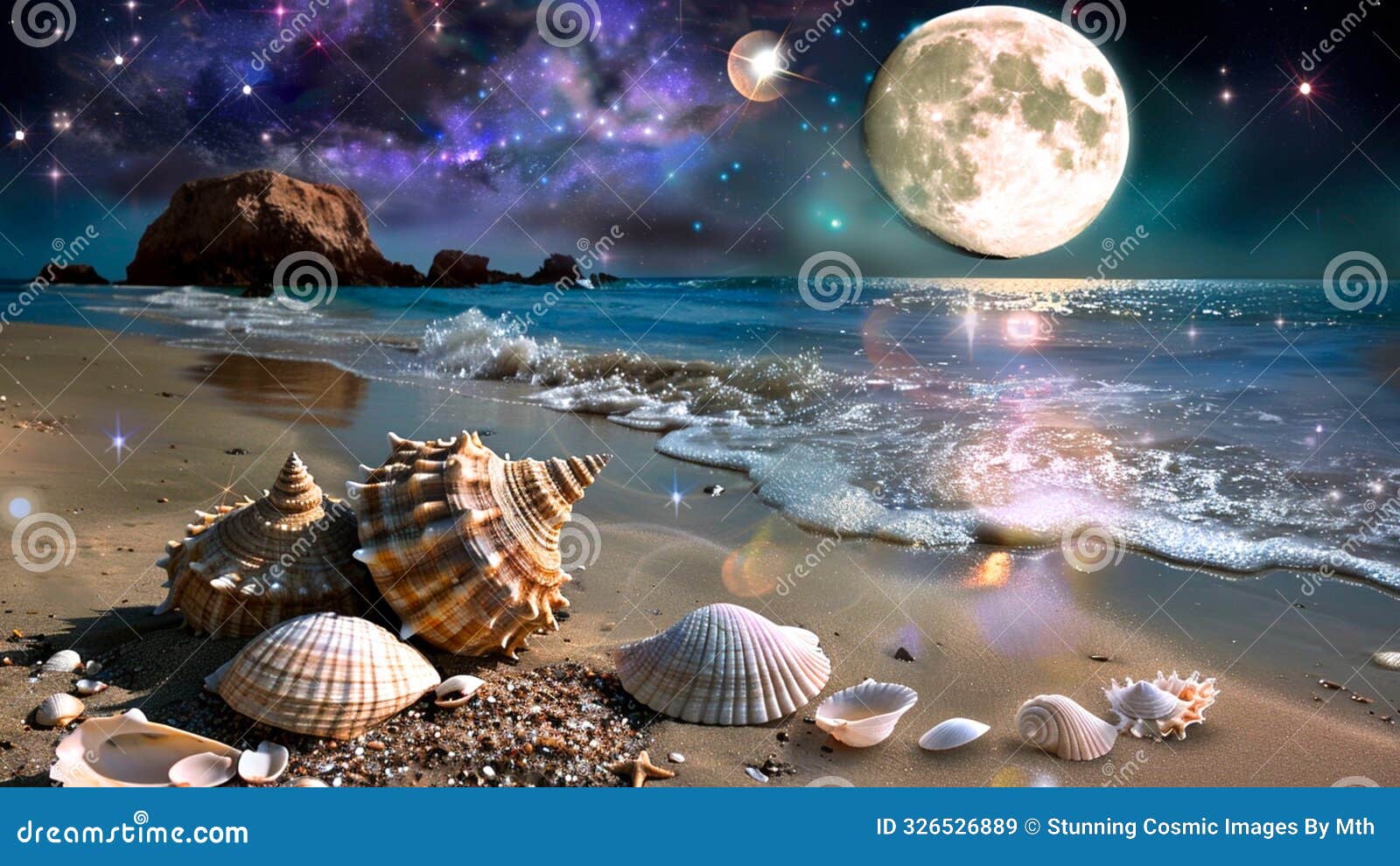 Gorgeous Fantasy Magical Beach with Shiny Seashells Under a Starry Sky ...