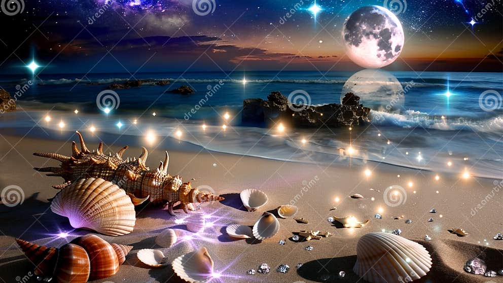 Gorgeous Fantasy Magical Beach with Shiny Seashells Under a Starry Sky ...