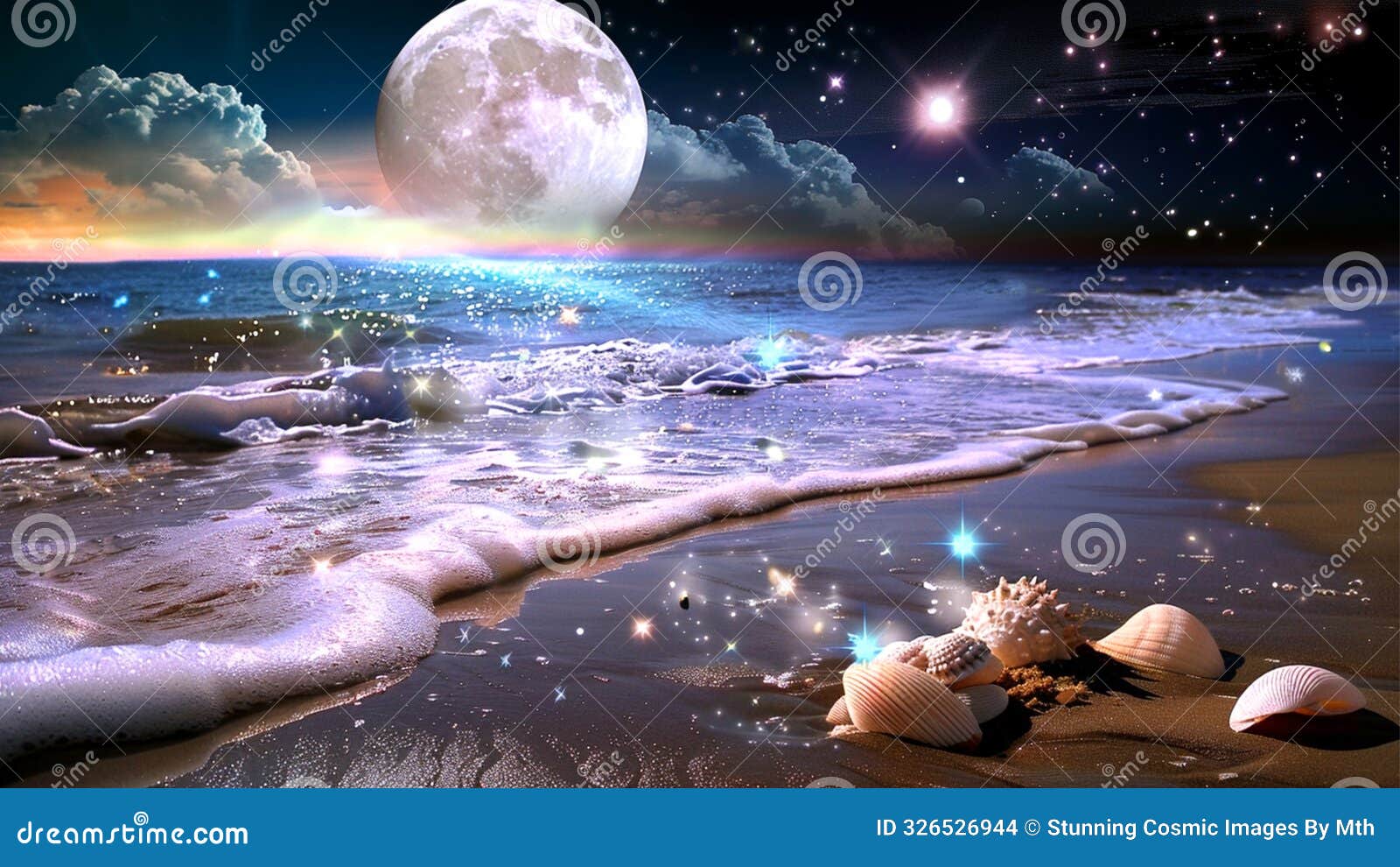 Gorgeous Fantasy Magical Beach with Shiny Seashells Under a Starry Sky ...