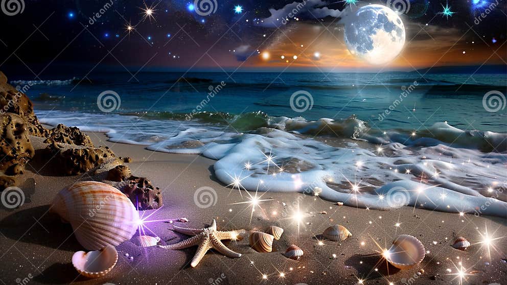 Gorgeous Fantasy Magical Beach with Shiny Seashells Under a Starry Sky ...