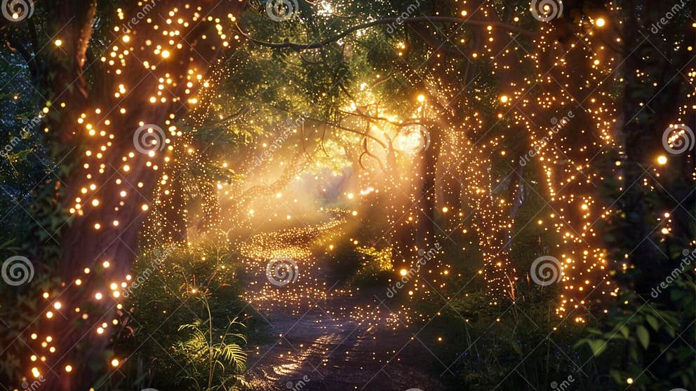 Fantasy Fairytale Magical Sparkling Forest with Beautiful Golden Lights ...