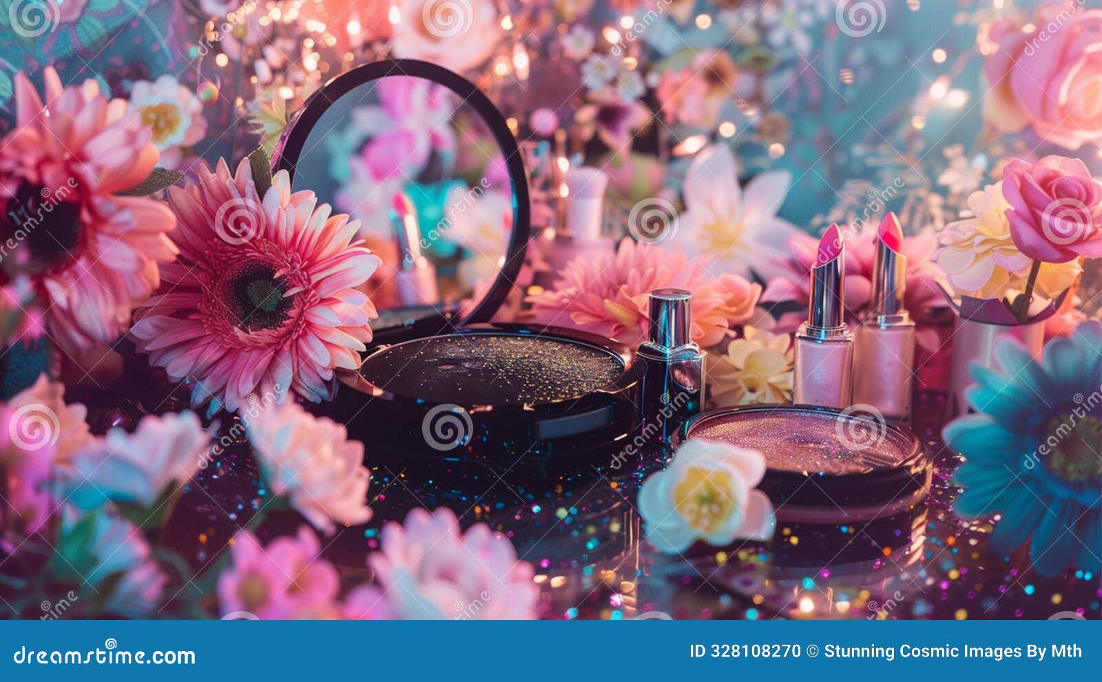 Girly Makeup Kit Set on a Makeup Table in a Feminine Room with Flowers ...