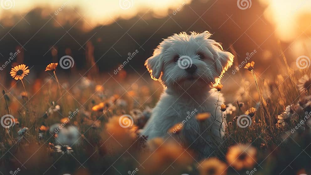 The Cutest, Most Adorable Maltese Puppy Dog in a Flower Field at Sunset ...