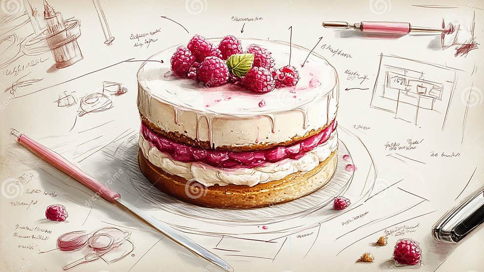 Cake Making Process of a Beautiful Cream Cheese Cake with Berries Stock ...