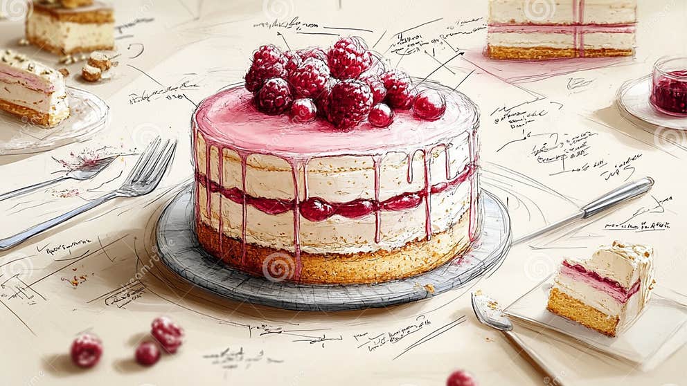 Cake Making Process of a Beautiful Cream Cheese Cake with Berries Stock ...