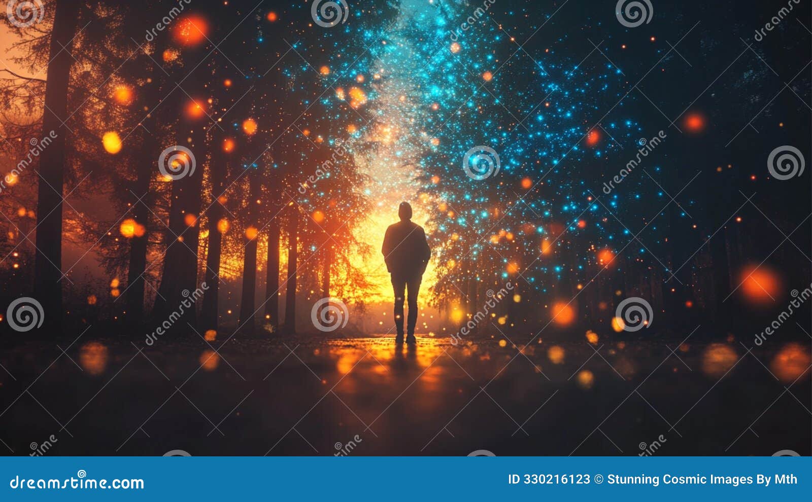 Man Walking while Reflecting about Life in a Magical Park at Sunset ...