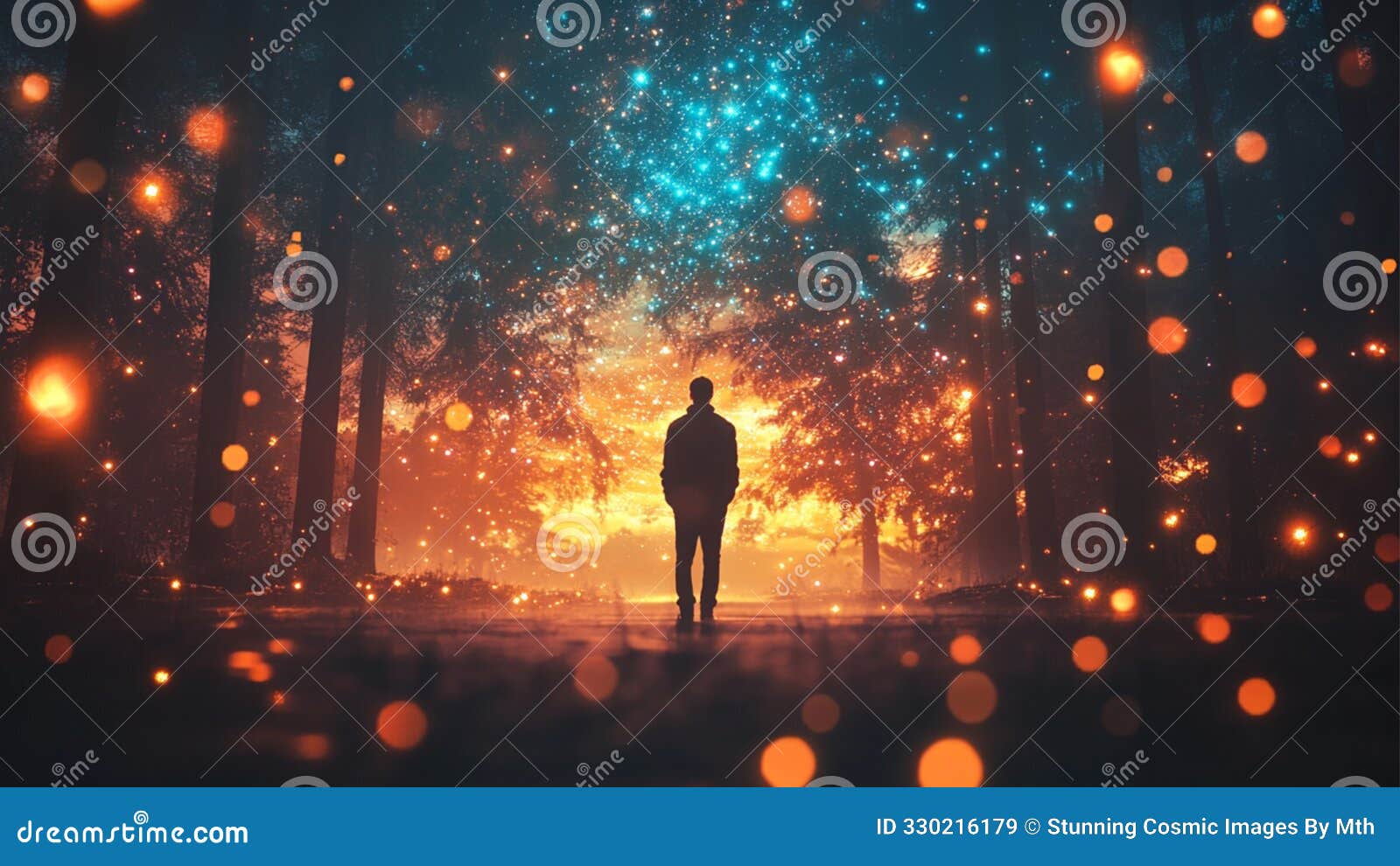 Man Walking while Reflecting about Life in a Magical Park at Sunset ...