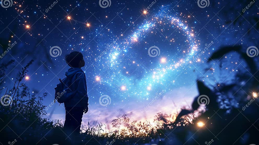 Lonely Little Boy Stargazing in a Peaceful Cosmic Starry Sky Background with Glowing ...