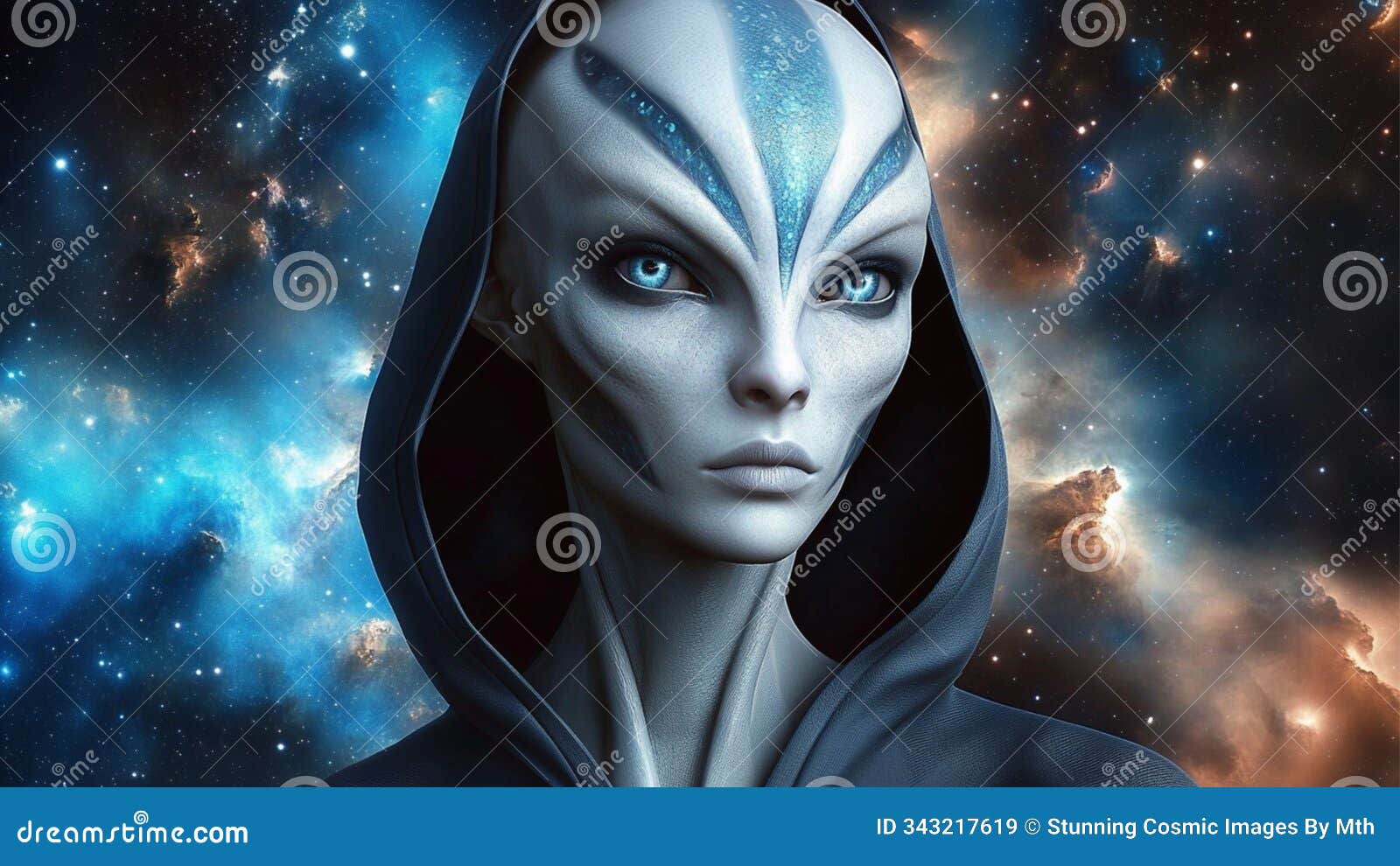 A Beautiful Humanoid Female Alien with Gray Skin in a Cosmic Background ...