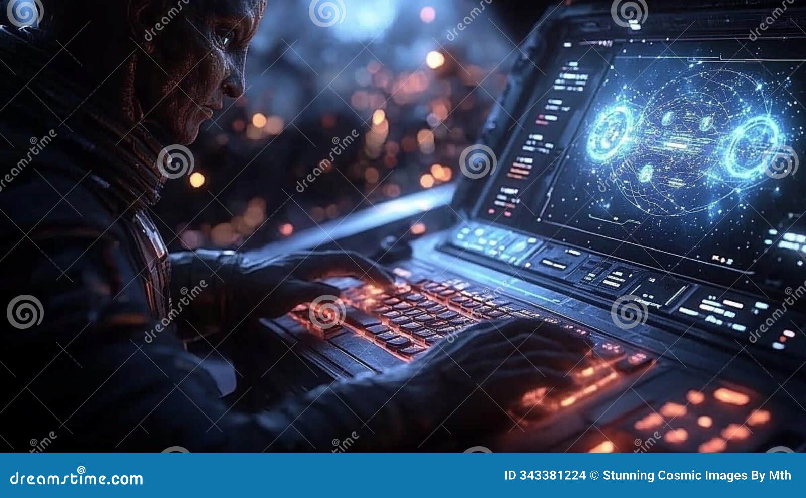 An Extraterrestrial Being Typing on a High Tech Advanced Alien Computer ...