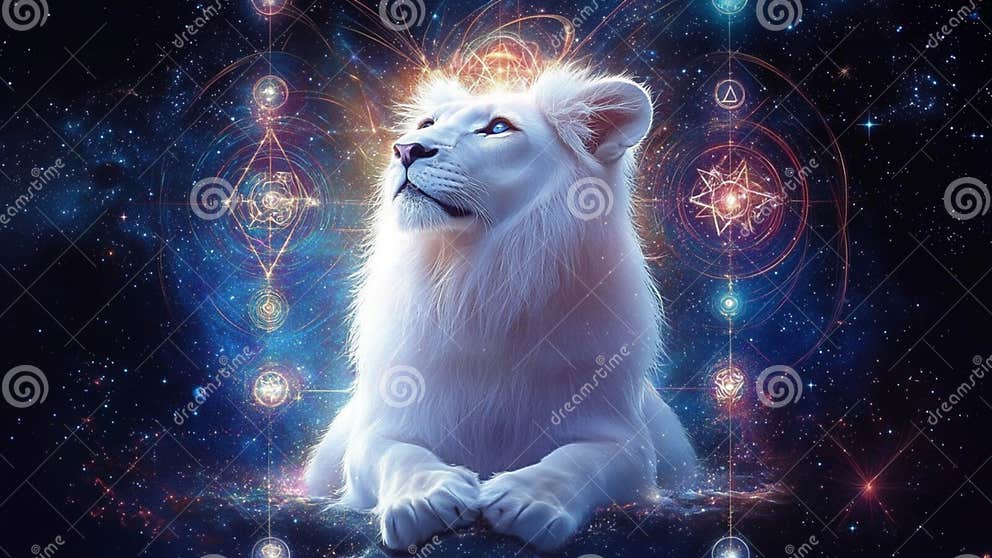 A Spiritual White Lion Urmah in a Cosmic Background with Colorful ...