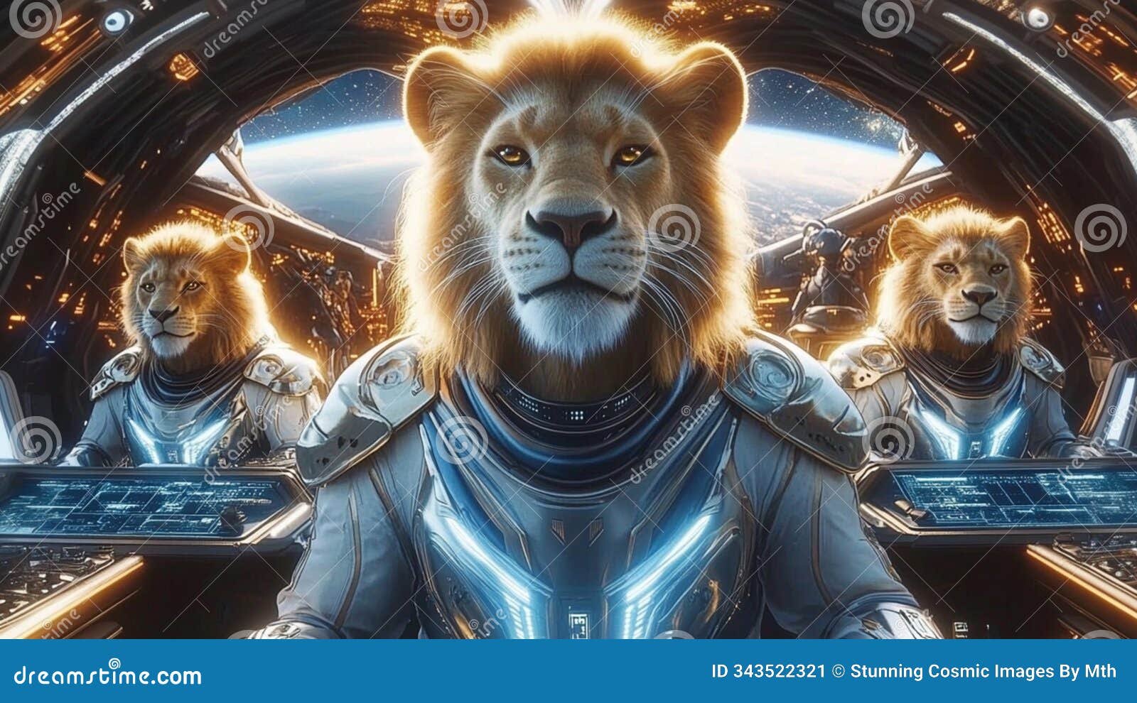 A Group of Urmah Lions Piloting a Spaceship from the Cockpit (Feline ...
