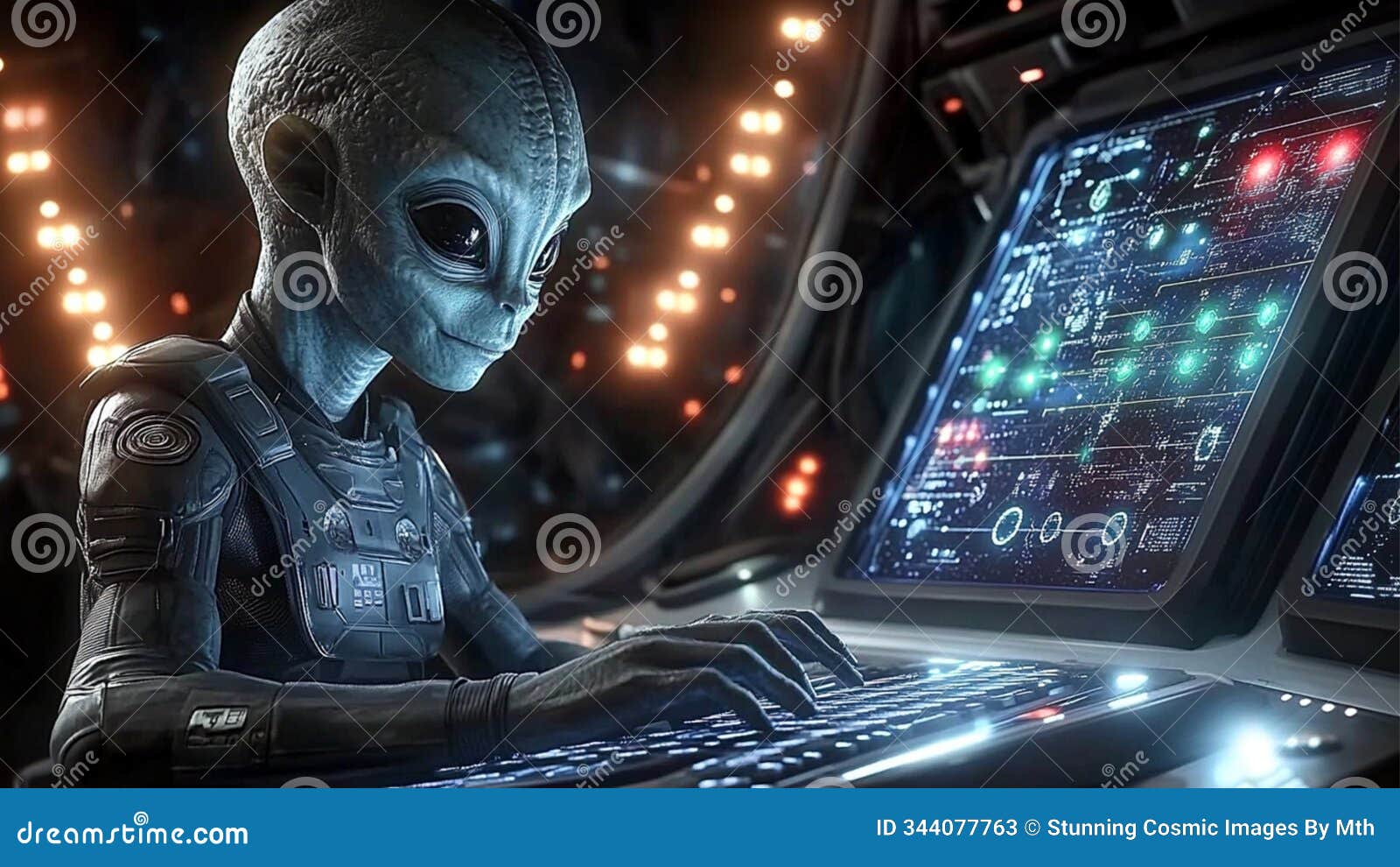 A Humanoid Gray Extraterrestrial Typing on a High Tech Advanced Alien ...