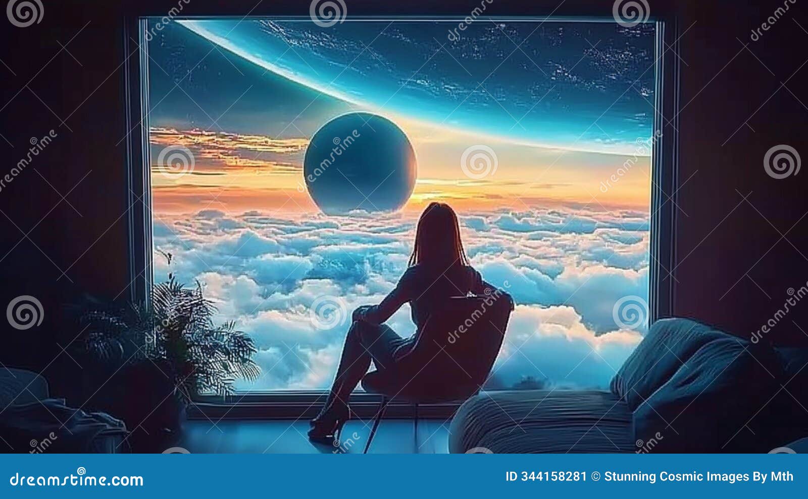 Pleiadian Woman Daydreaming in a Living Room of a Spaceship, Looking at ...