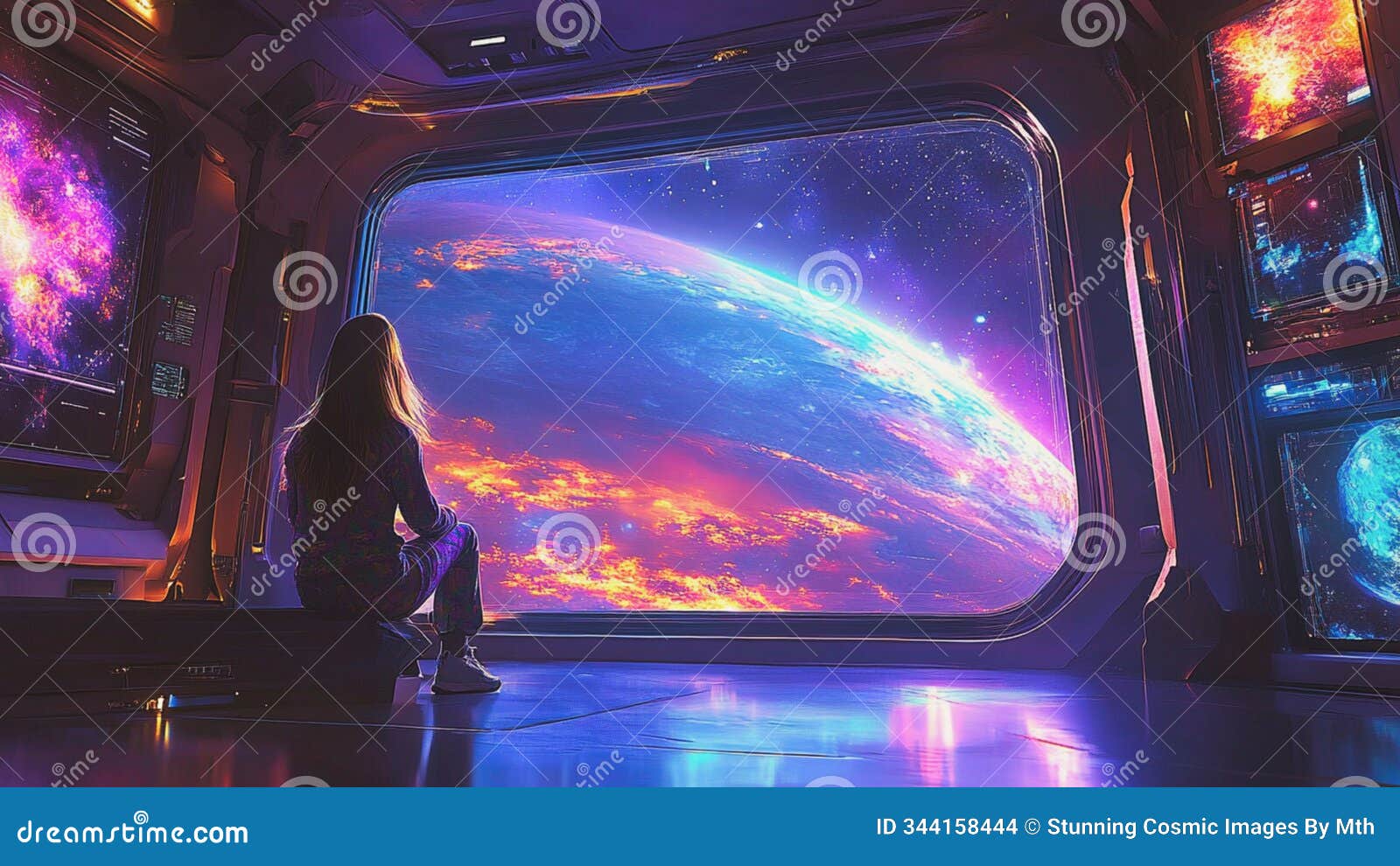 A Pleiadian Woman Daydreaming on a Spaceship, Looking through a Window ...