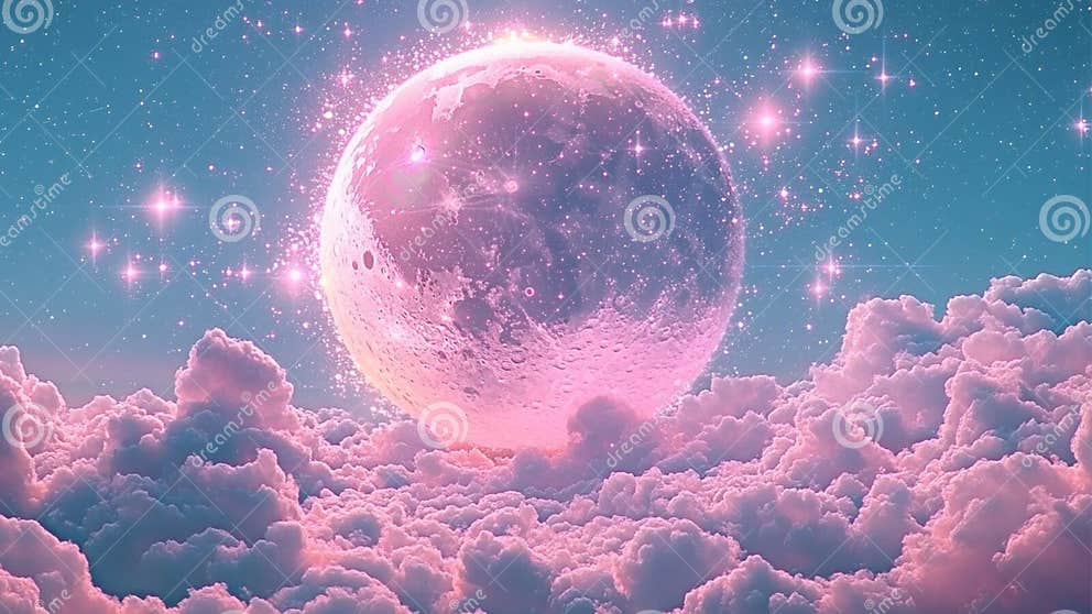 A Sparkling Shimmering Glittering Pink Full Moon in a Starry Sky with ...
