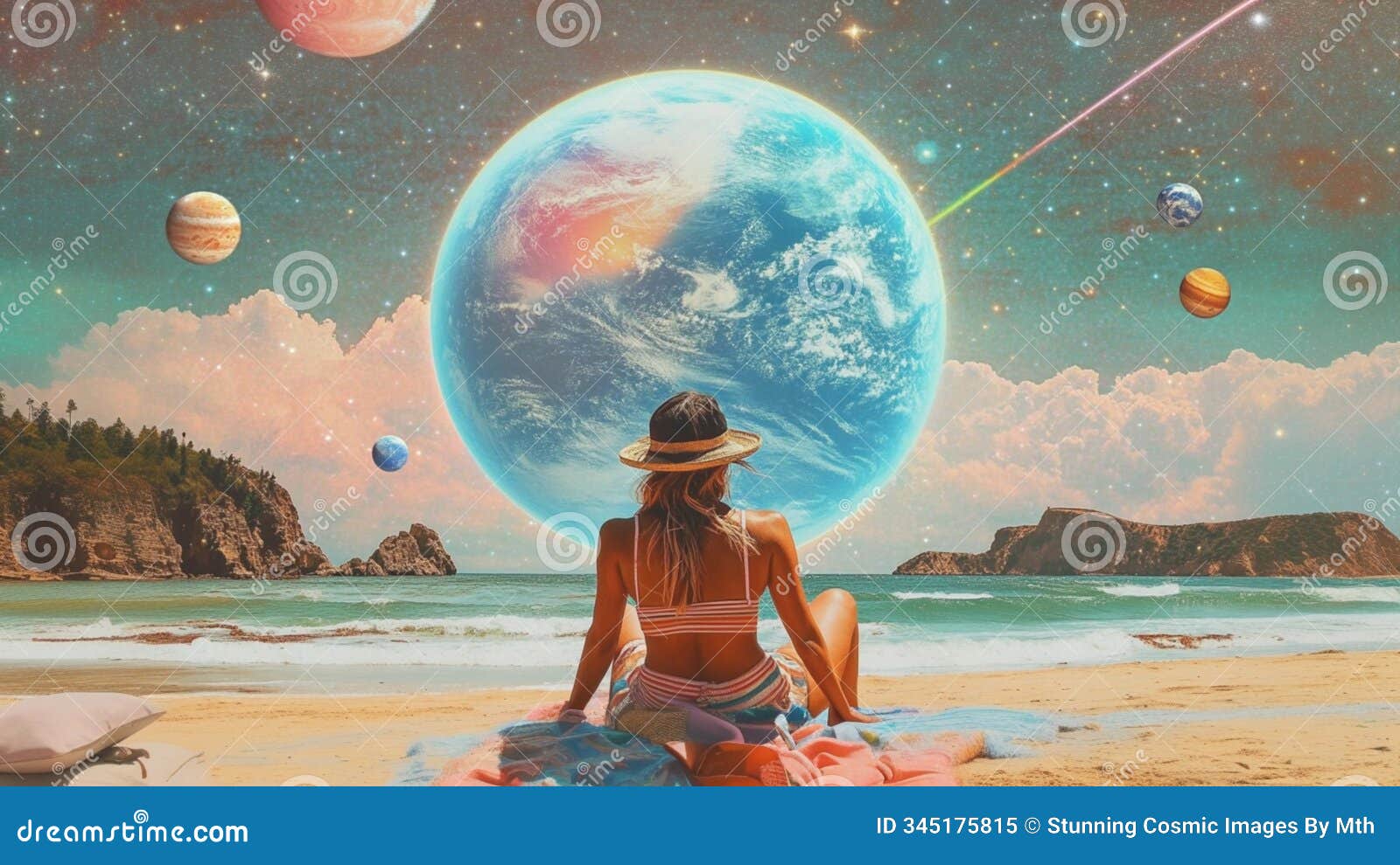 A Girl Dreaming of a Magical Fantasy Ocean Beach Under a Dreamy Cosmic ...