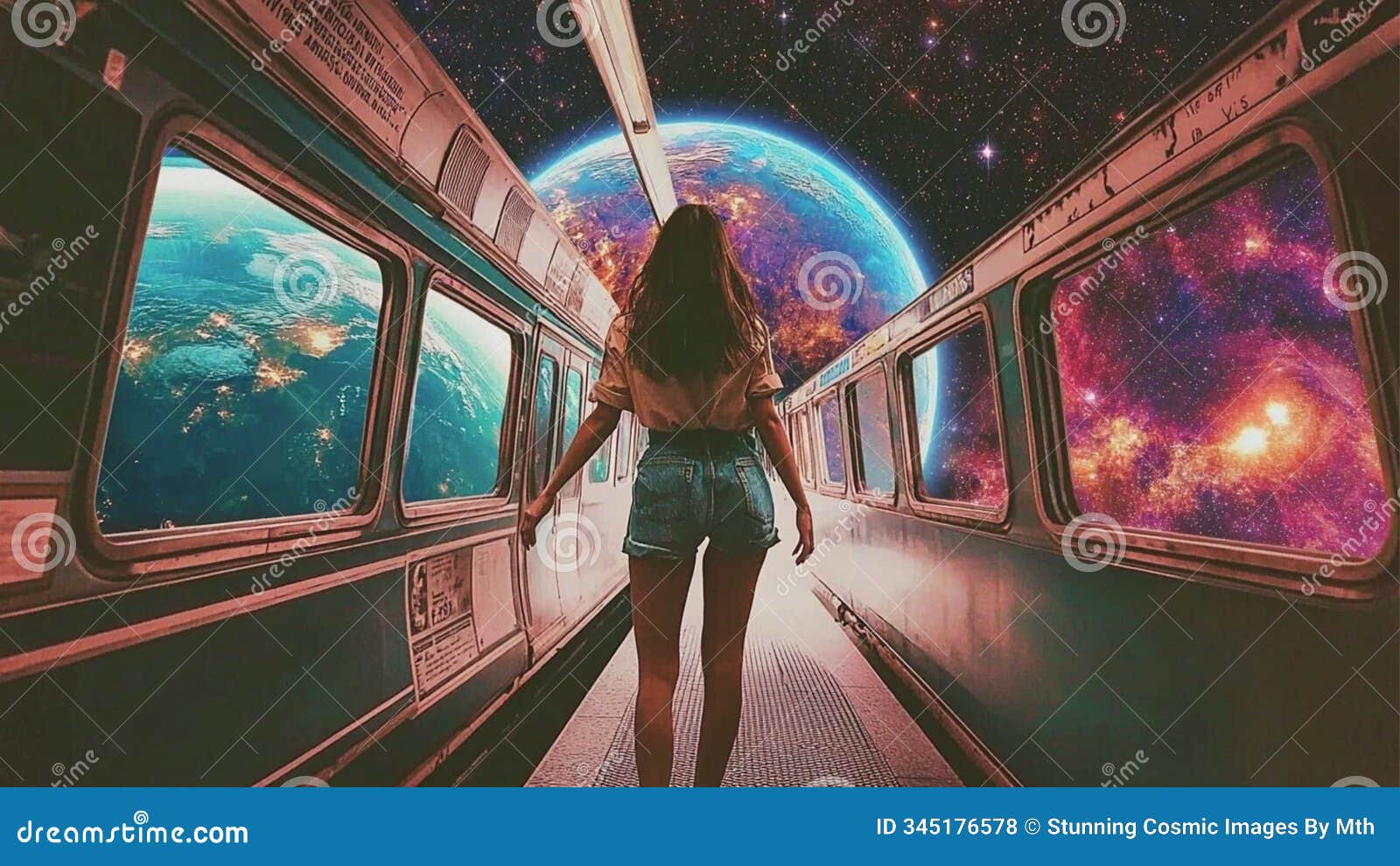 A Girl Dreaming of a Magical, Fantasy, Cosmic Train Station in a Dreamy ...