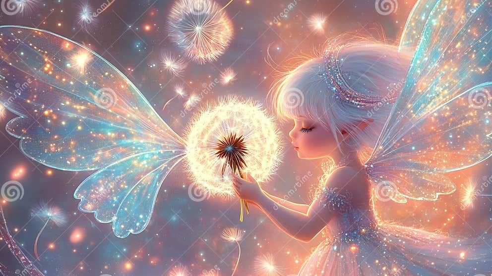 Fantasy Ethereal Little Angel Girl Smelling Magical Glowing Dandelions ...