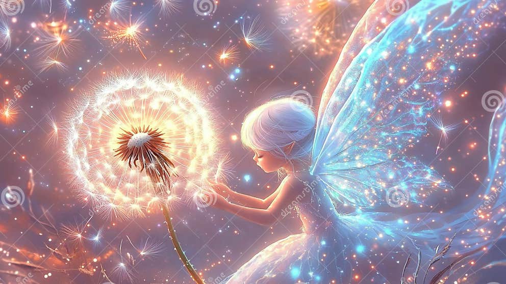 Fantasy Ethereal Little Angel Girl Smelling Magical Glowing Dandelions ...