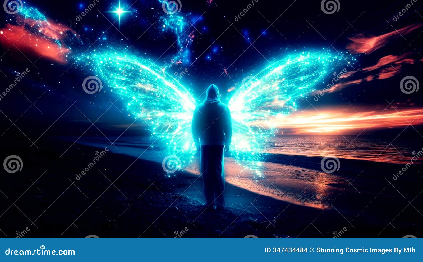 Angel Man with Glowing Blue Butterfly Wings on a Fantasy Beach Under a ...