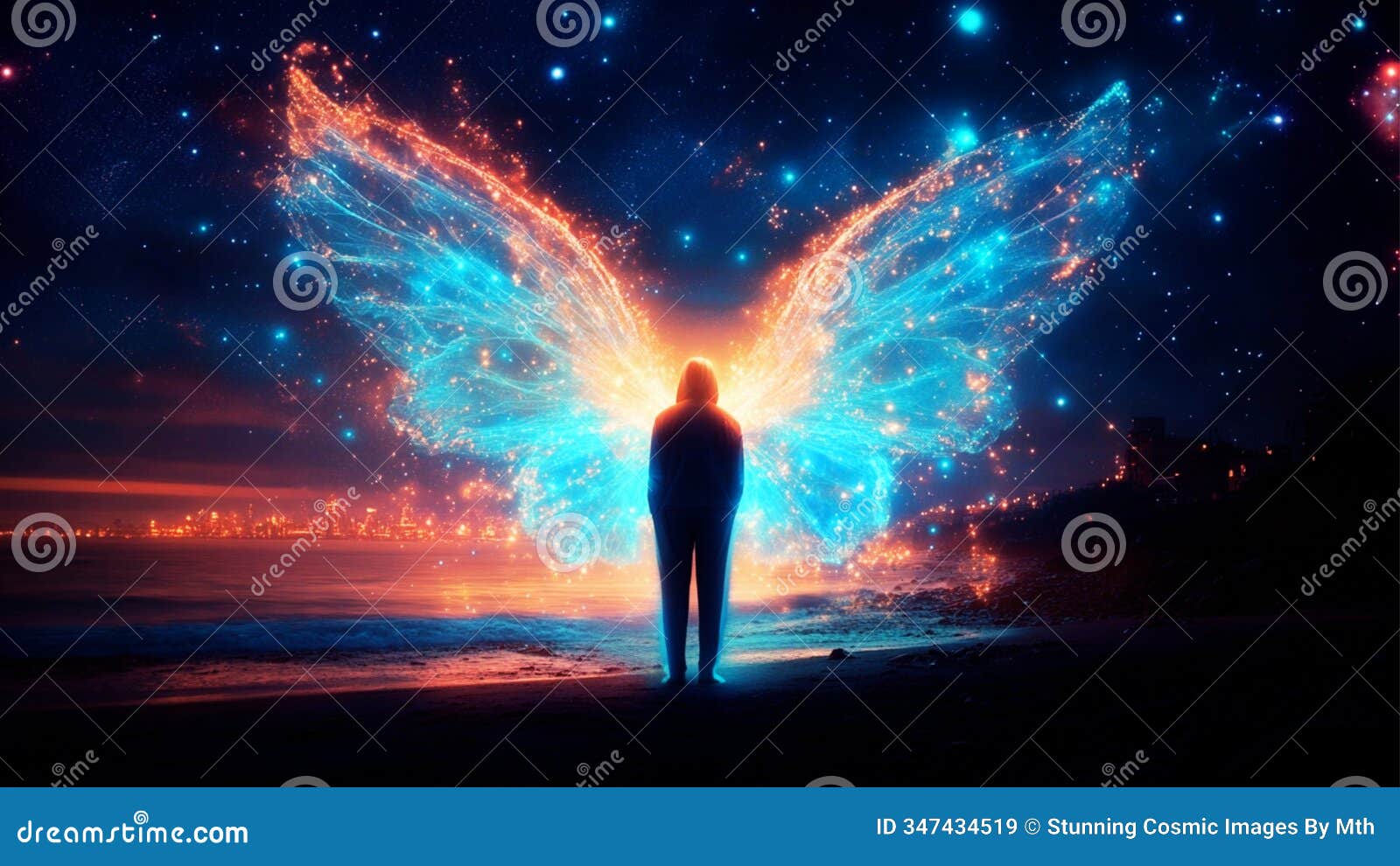 Angel Man with Glowing Blue Butterfly Wings on a Fantasy Beach Under a ...