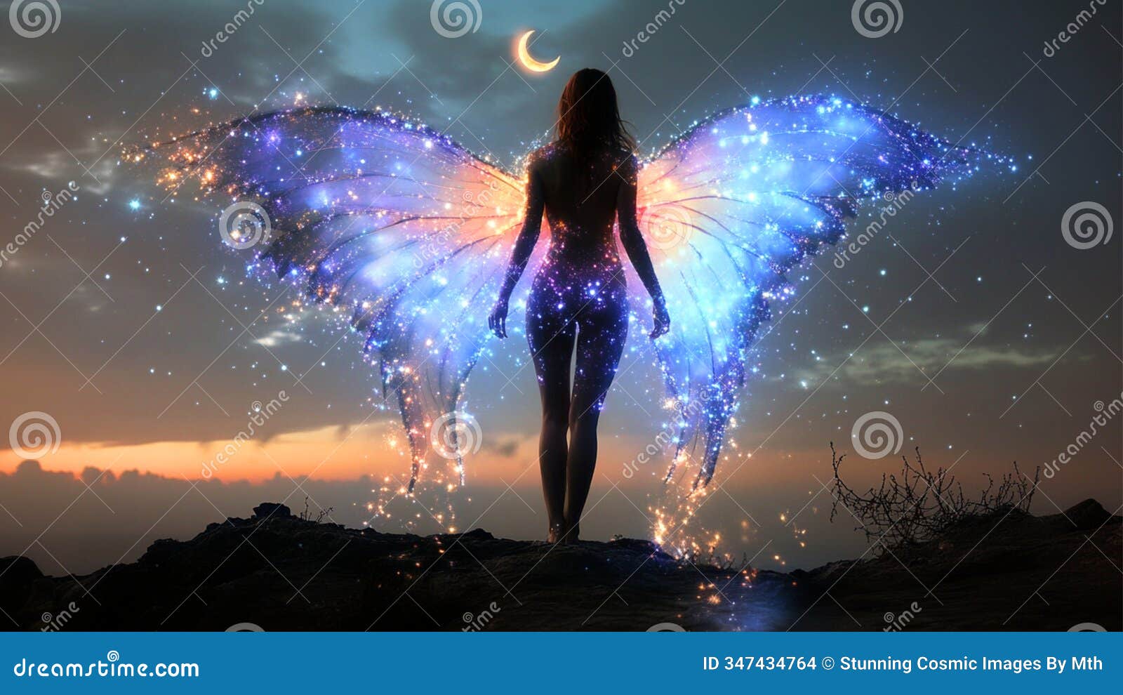 Gorgeous Angel Woman with Sparkly Blue Butterfly Wings Under a ...