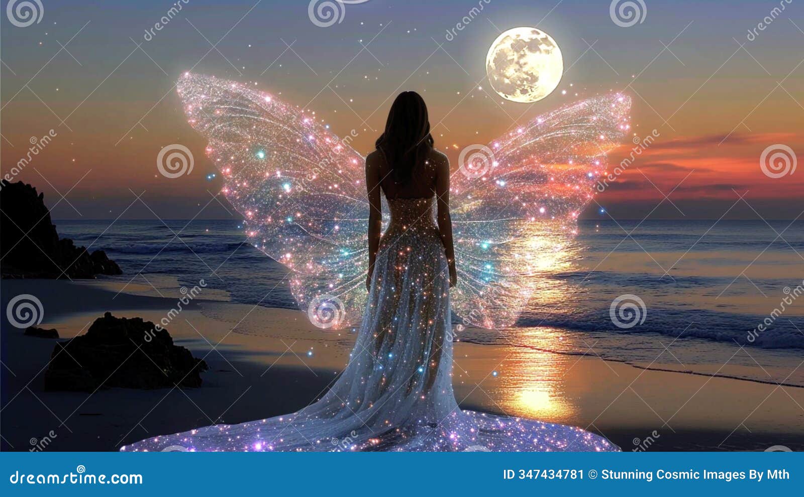 Fantasy Angel Woman with Magical Sparkling Butterfly Wings in a Beach ...