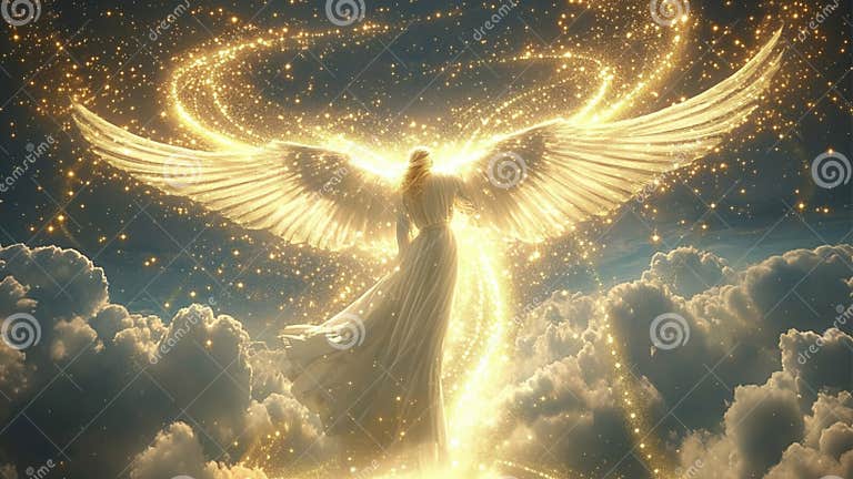 Majestic Powerful Astral Golden Light Angel on Top of Clouds in a Blue ...