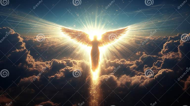 Majestic Powerful Astral Golden Light Angel on Top of Clouds in a Blue ...