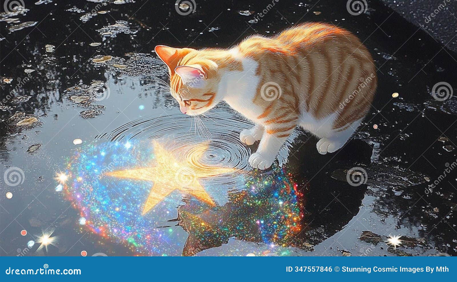 A Cute Anime Kitty Cat on a Sparkling Starry Puddle Reflecting the ...