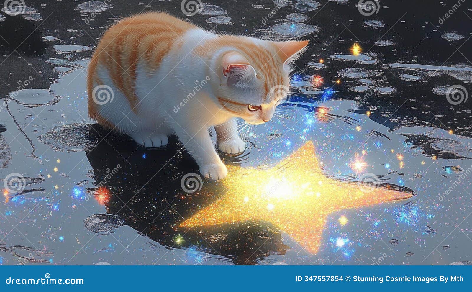 A Cute Anime Kitty Cat on a Sparkling Starry Puddle Reflecting the ...