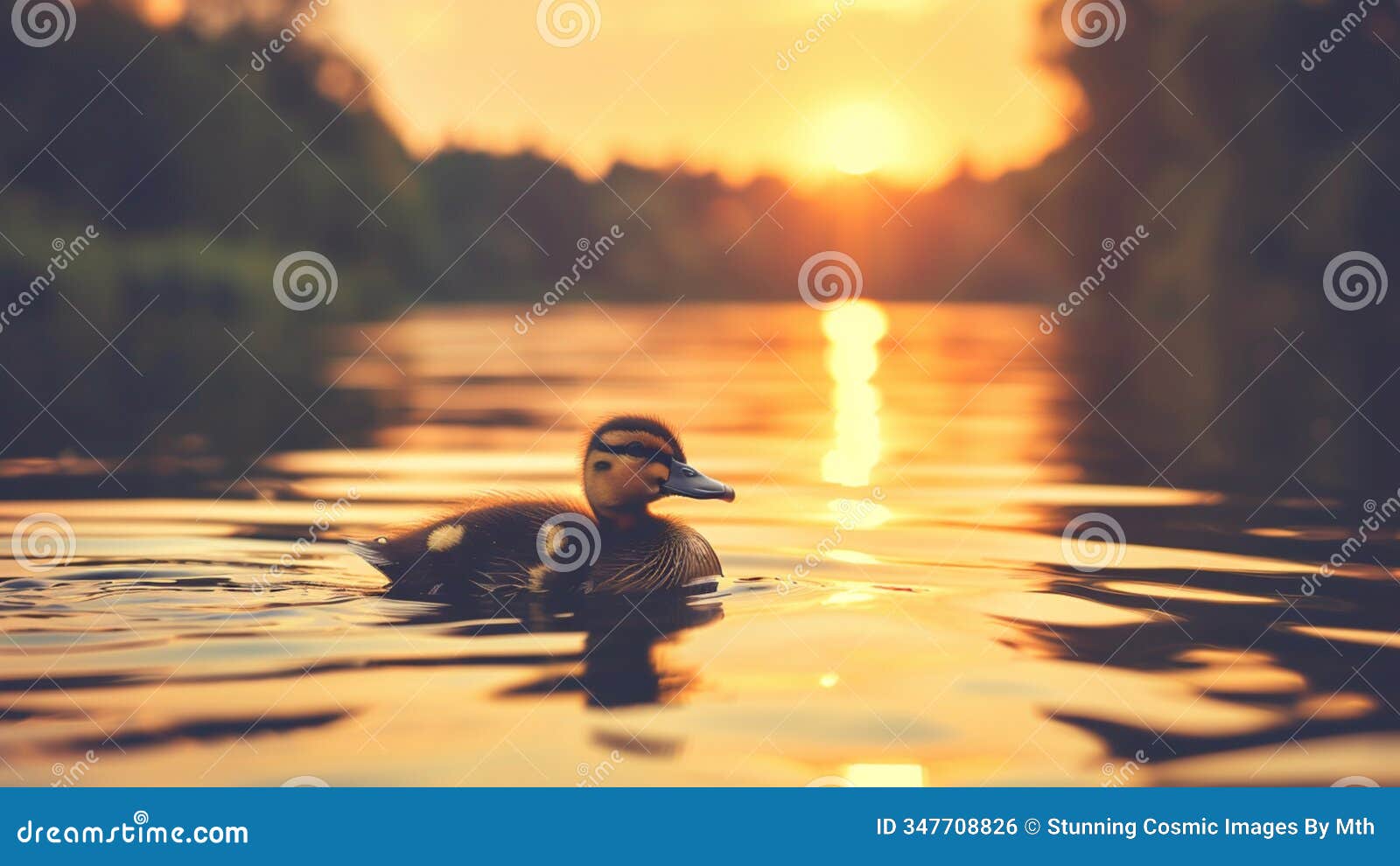 A Beautiful Baby Duck Swimming in a Lake at a Sunset or Sunrise Stock ...