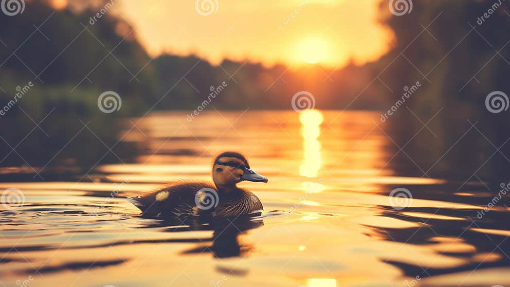 A Beautiful Baby Duck Swimming in a Lake at a Sunset or Sunrise Stock ...