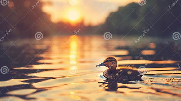 A Beautiful Baby Duck Swimming in a Lake at a Sunset or Sunrise Stock ...