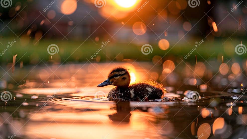 A Beautiful Baby Duck Swimming in a Lake at a Sunset or Sunrise Stock ...