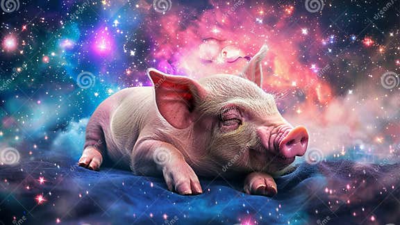 Adorable Cute Pig in a Fantasy Cosmic Background Full of Stars and ...